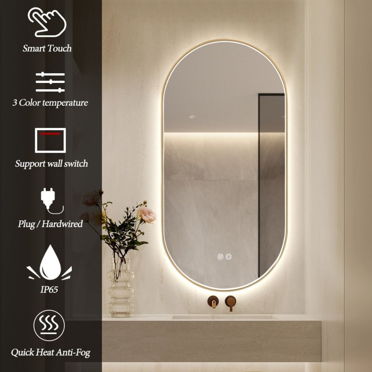 Maria Oval Frontlit LED Gold Bathroom Wall Mirror – Mirror City
